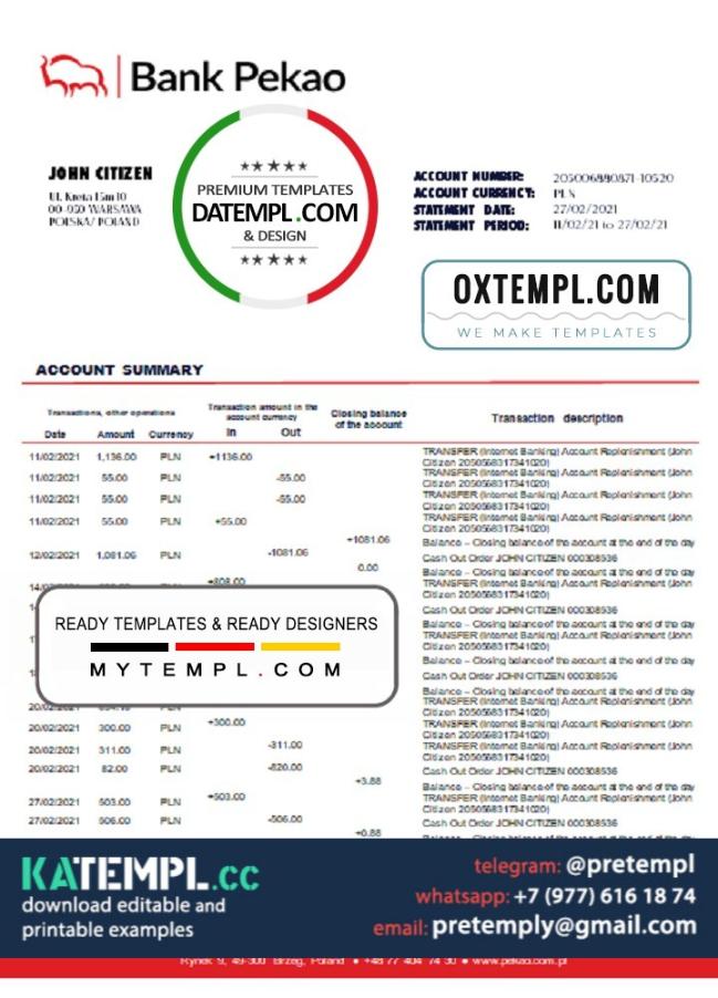 generate Poland Bank Pekao S.A bank statement in .doc and .pdf format ...