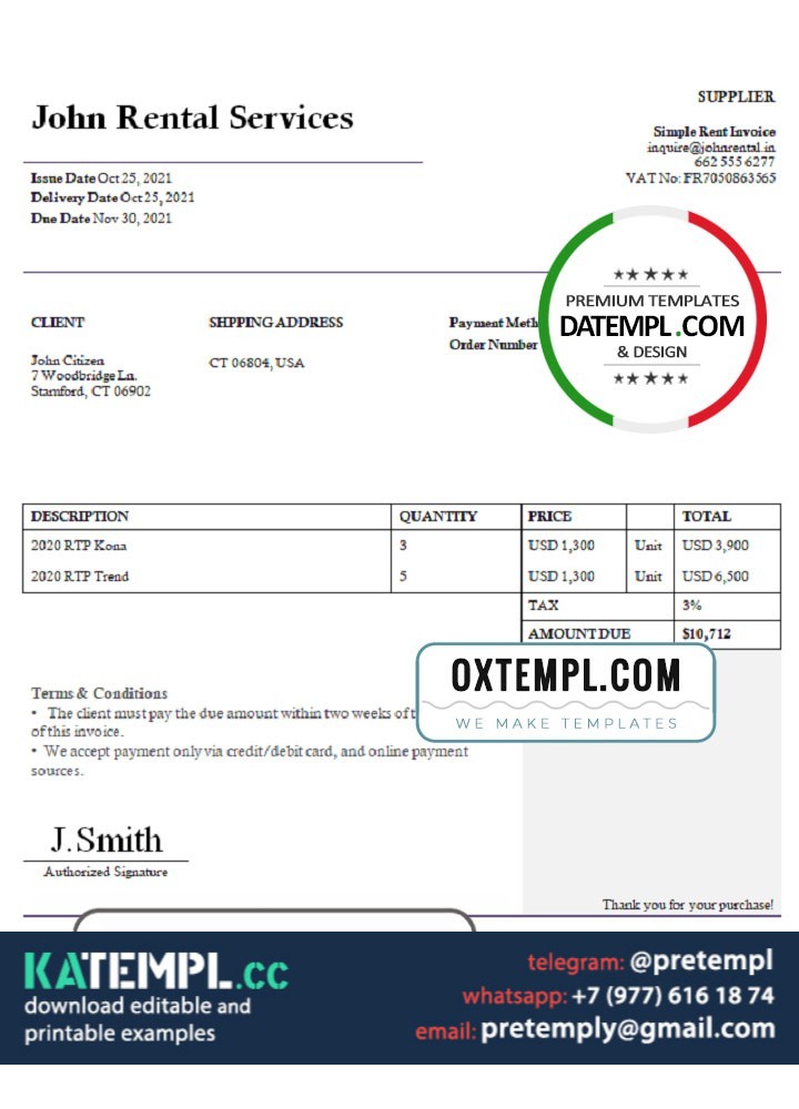 generate USA John Rental Services invoice in Word and PDF format, fully ...