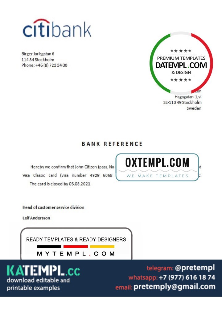 generate Sweden Citibank bank account closure reference letter in Word ...