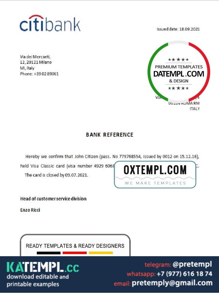 generate Italy Citibank bank account closure reference letter in Word ...