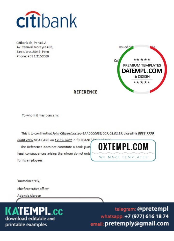 generate Peru Citibank bank account closure reference letter in Word ...