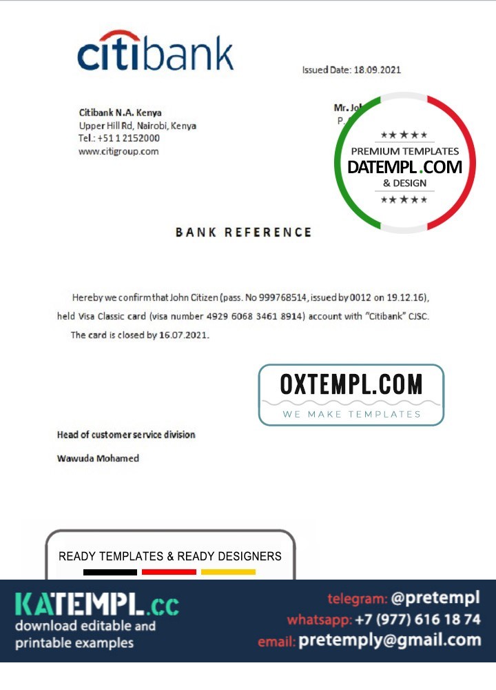 generate Kenya Citibank account closure reference letter in Word and ...
