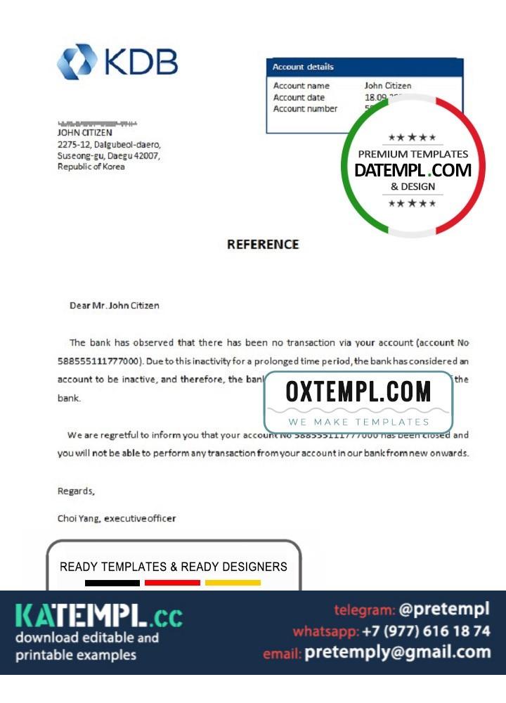generate Korea KDB bank account closure reference letter in Word and ...