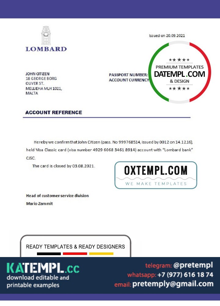 generate Malta Lombard bank account closure reference letter in Word ...