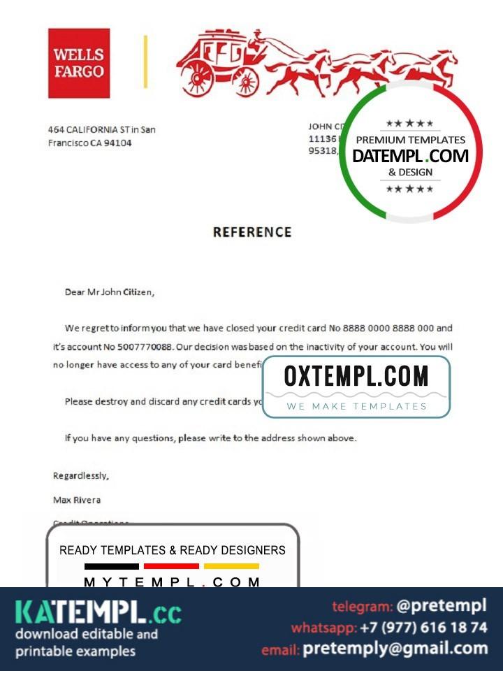 generate USA Wells Fargo Bank account closure reference letter in Word ...