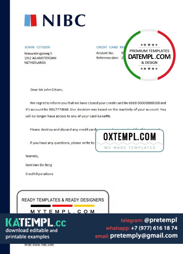 generate Netherlands NIBC Bank bank account closure certificate in Word ...