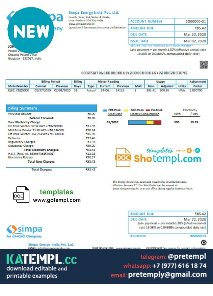 generate India Simpa Energy India Pvt. Ltd utility bill in Word and PDF ...