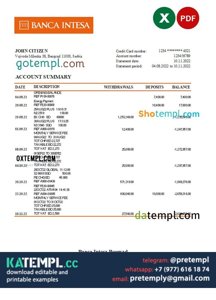 generate Serbia Banca Intesa bank statement , Excel and PDF