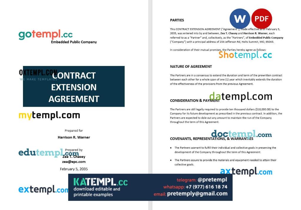 generate simple contract extension agreement , Word and PDF format