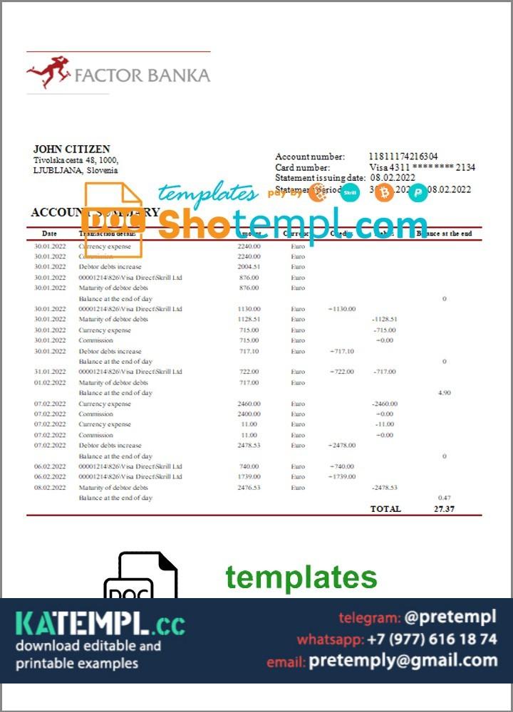 generate Slovenia Factor Banka bank statement in Word and PDF format
