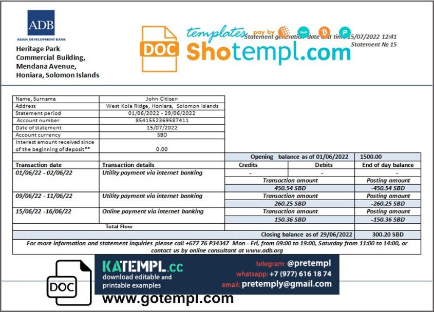 generate Solomon Islands ADB bank statement in Word and PDF format