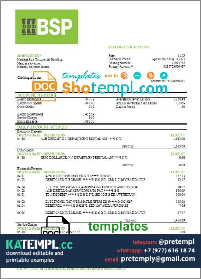 generate Solomon Islands BSP bank statement in Word and PDF format