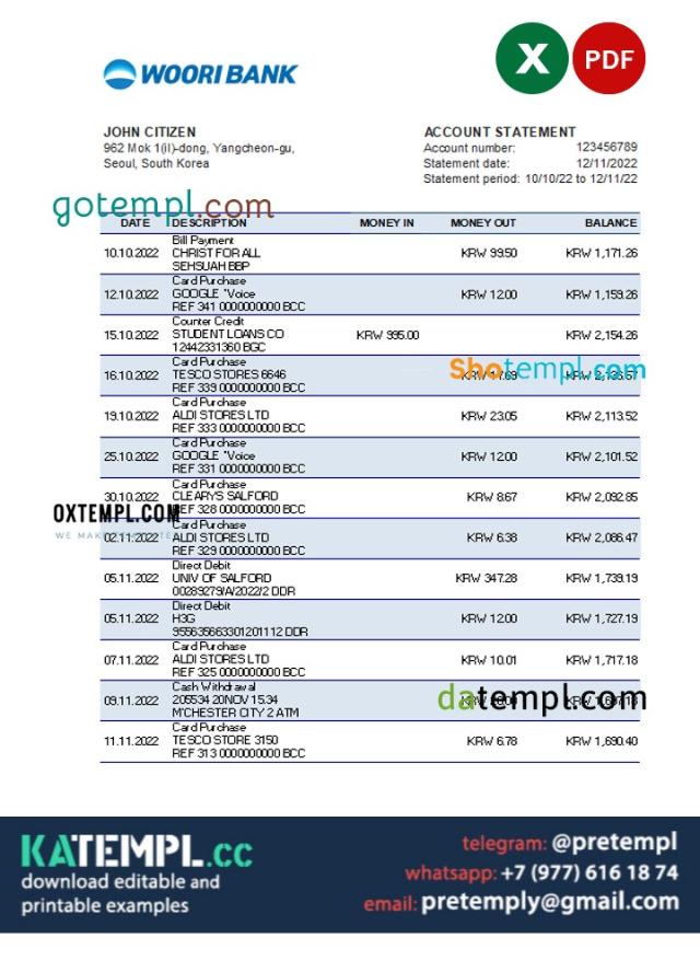 generate South Korea Woori bank statement , Excel and PDF