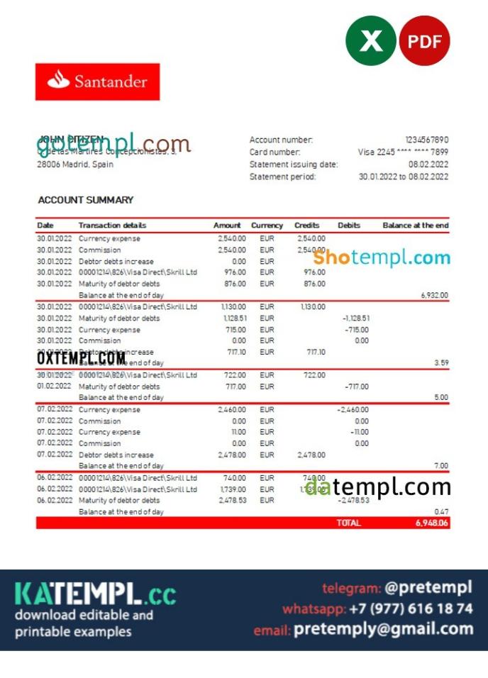 generate Spain Santander bank statement , Excel and PDF