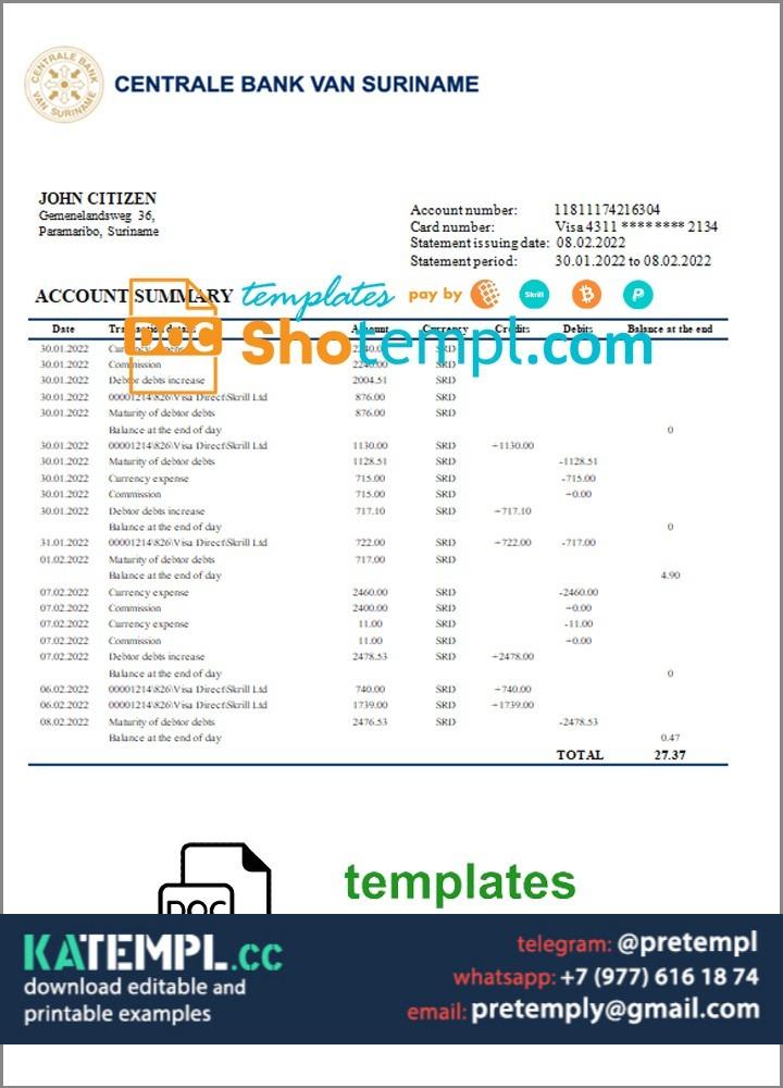 generate Suriname Centrale Bank Van Suriname bank statement in Word and ...