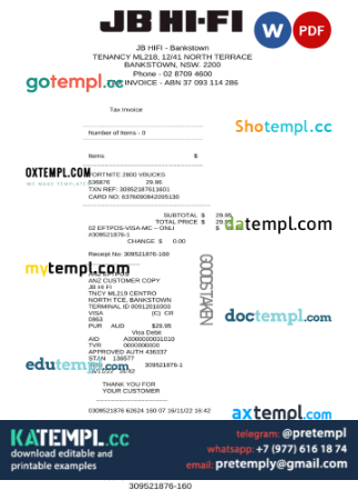 generate Australia JB Hi-Fi tax invoice Word and PDF , fully editable