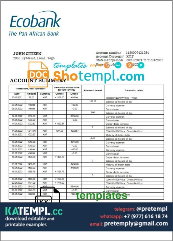 generate Togo Ecobank Bank statement in Word and PDF format