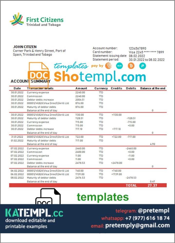 generate Trinidad and Tobago First Citizens Bank statement in Word and ...