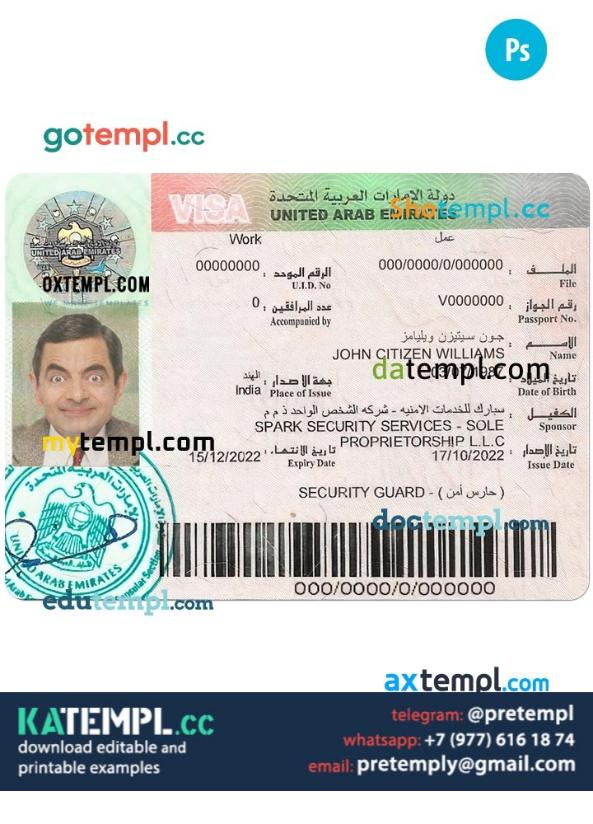 generate UAE work visa in PSD format, with fonts