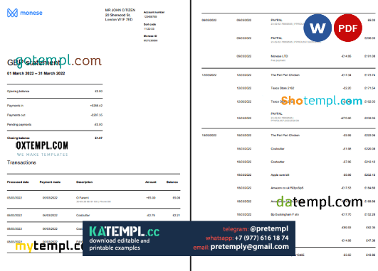 generate United Kingdom Monese bank statement Word and PDF , 3 pages
