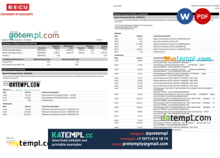 generate USA BECU bank statement , Word and PDF , 4 pages