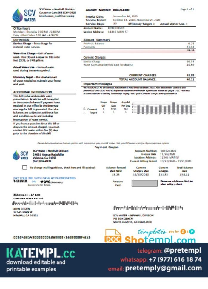 generate USA California Santa Clarita SCV Water utility bill in Word ...
