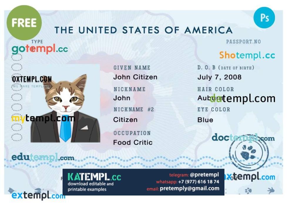 generate USA cat (animal, pet) electronic passport PSD , fully editable