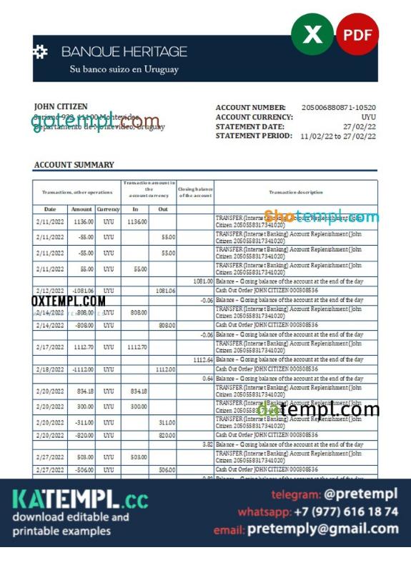 generate Uruguay Banque Heritage bank statement , Excel and PDF