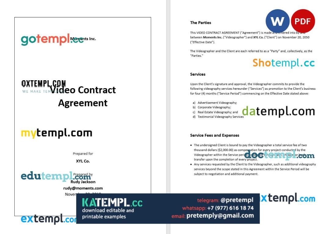 generate video contract agreement , Word and PDF format