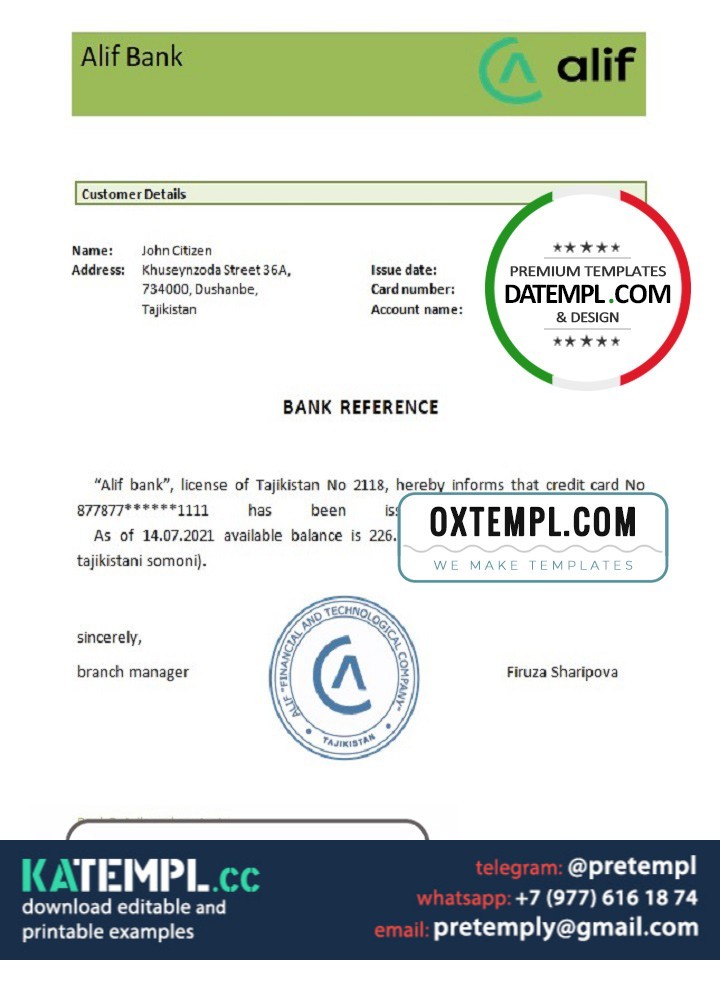 generate Tajikistan Alif bank reference account reference letter in ...