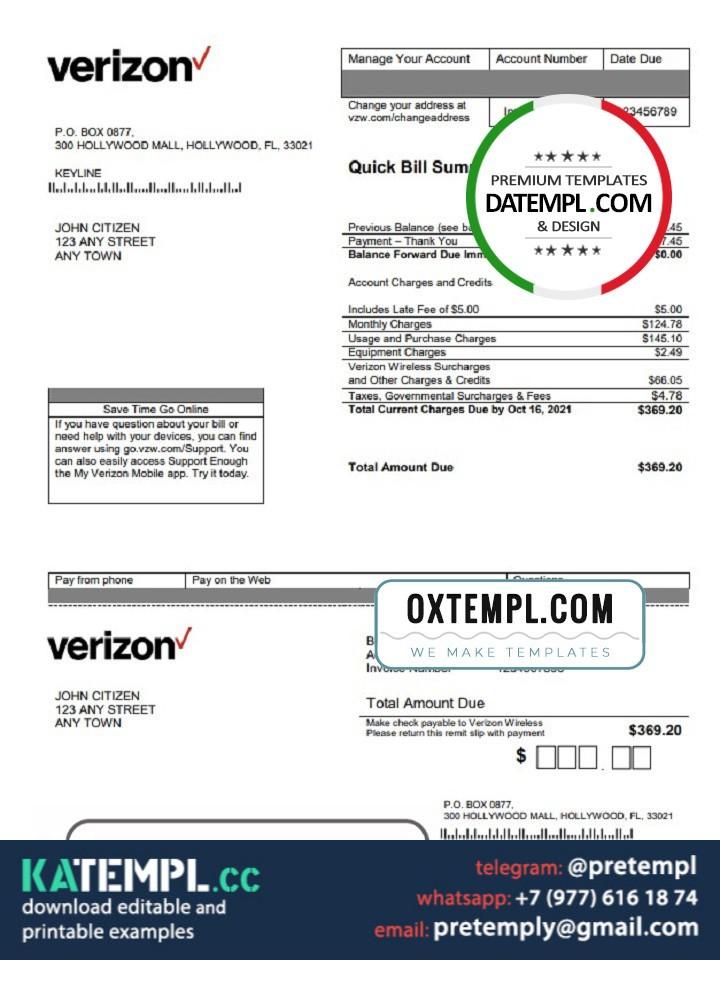 generate USA Verizon utility bill in Word format, fully editable, version 2