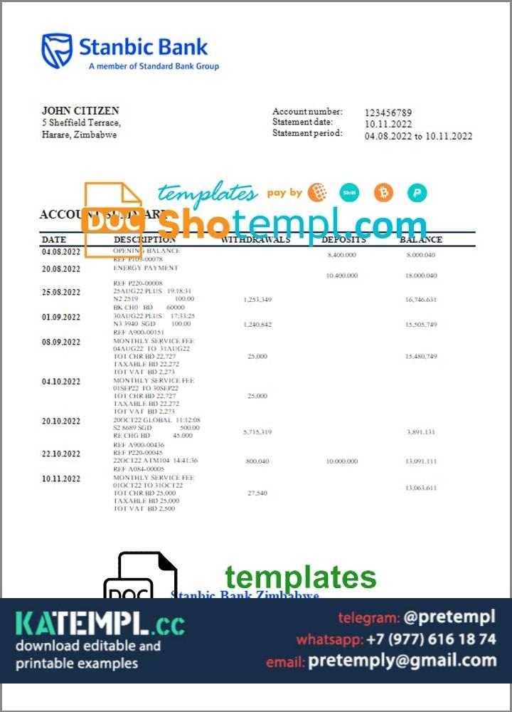generate Zimbabwe Stanbic Bank statement in Word and PDF format
