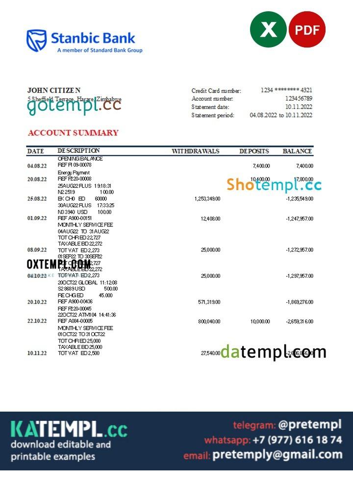 generate Zimbabwe Stanbic bank statement , Excel and PDF