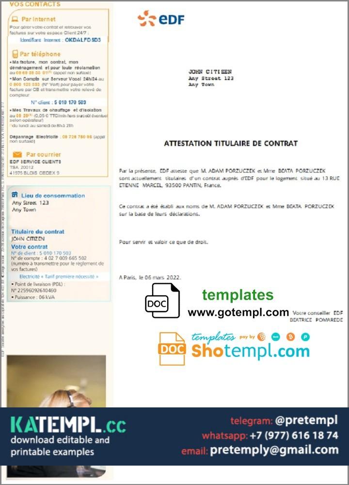 generate France EDF attestation de contrat in Word and PDF format