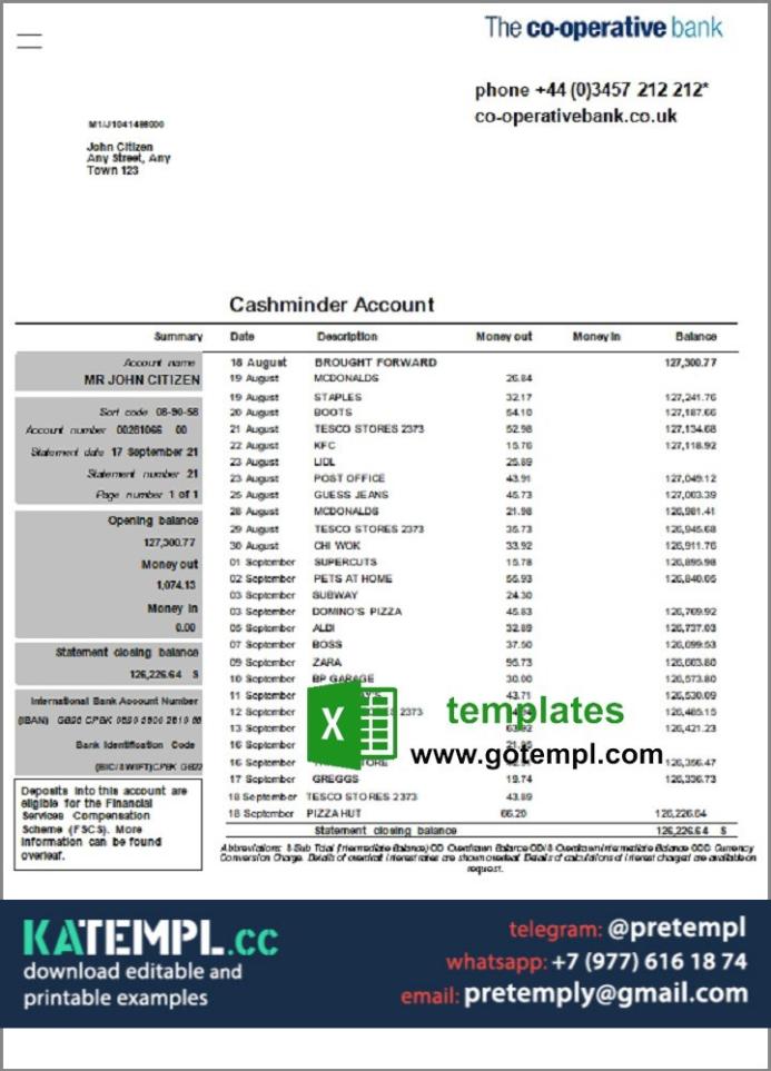 generate United Kingdom The Co-operative bank statement in Excel and ...