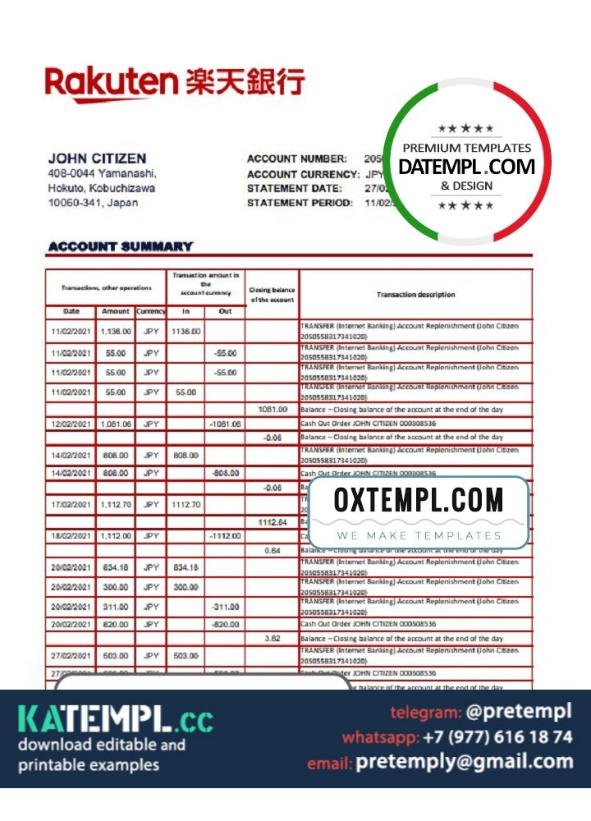 generate Japan Rakuten bank statement in Word and PDF format