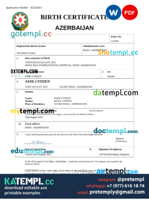 generate Azerbaijan vital record birth certificate Word and PDF , fully ...