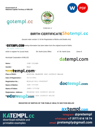 generate Belize vital record birth certificate Word and PDF , fully ...
