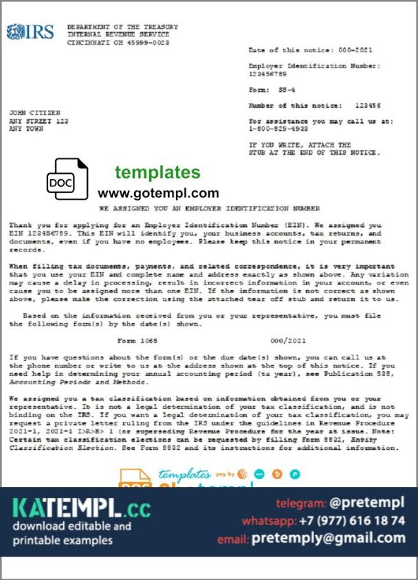 generate USA INTERNAL REVENUE SERVICE (IRS) Employer Identification ...