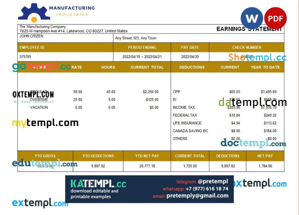 generate manufacturing company payslip in Word and PDF formats