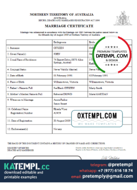 generate Australia Northern Territory of Australia marriage certificate ...