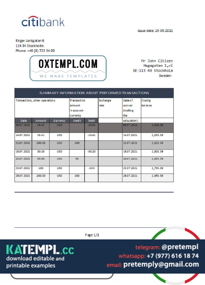 generate Sweden Citibank bank statement easy to fill in Excel and PDF ...