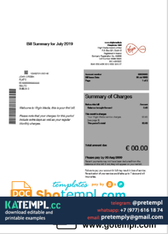 generate Ireland Virgin Media utility bill editable in Word and PDF ...