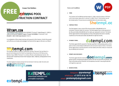 generate swimming pool construction contract , Word and PDF format
