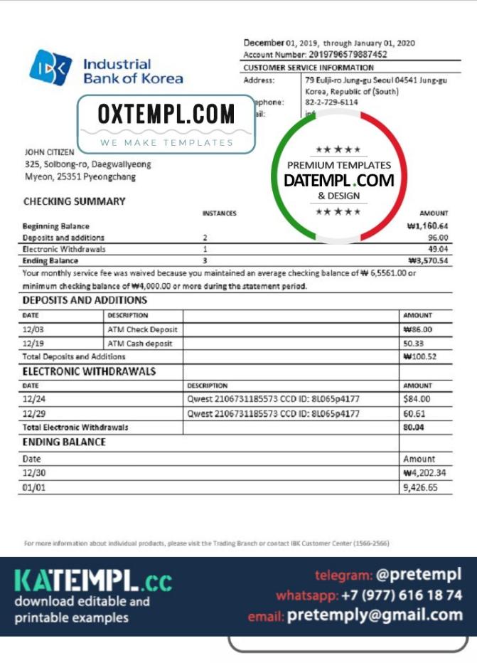 generate South Korea Industrial Bank of Korea bank statement in Word ...