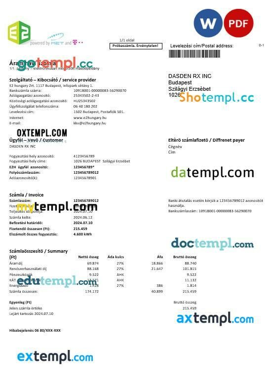 Hungary E2 business utility bill template in Word and PDF formats