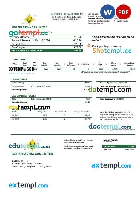 India Indraprastha Gas business utility bill template in Word and PDF ...