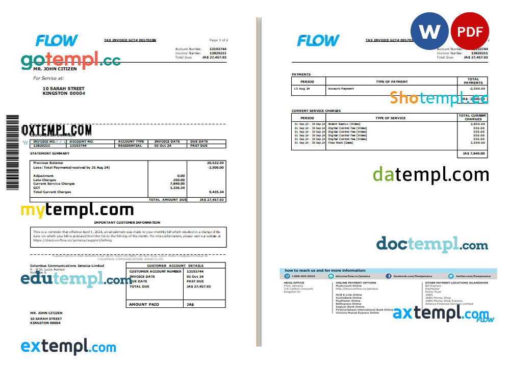 Jamaica Flow tax invoice cable and internet bill Word and PDF template ...