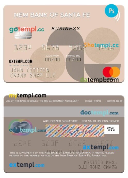 Argentina New Bank of Santa Fe business mastercard template in PSD format