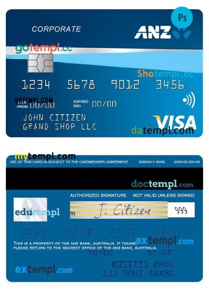 Australia ANZ Bank First credit visa corporate card template in PSD format